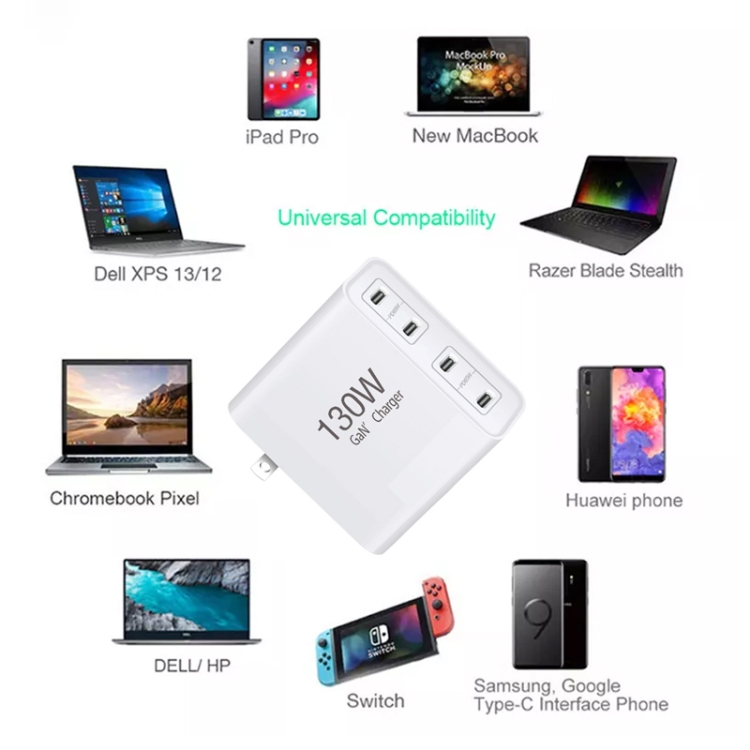 GaN130W 4포트 USB-C PD65W / PD30W 노트북 시리즈용 멀티 포트 Type-C 충전기, 영국/미국 플러그