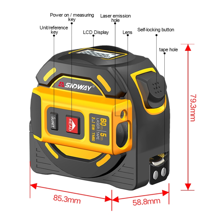 SNDWAY SW-TM60 60m Digital Rangefinder Laser Distance Meter Tape Multi-function Self-Locking ...
