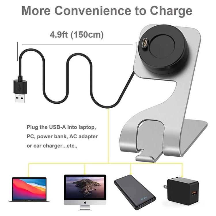 Garmin Venu 3 / Venu 3S USB 포트 알루미늄 합금 시계 충전기 홀더용 JUNSUNMAY, 길이: 1.5m(실버)