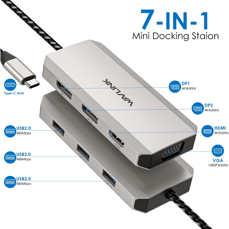 WAVLINK WL-UMD305 7 in 1 4K DP / HDMI Quard Display USB-C Hub Dock ...