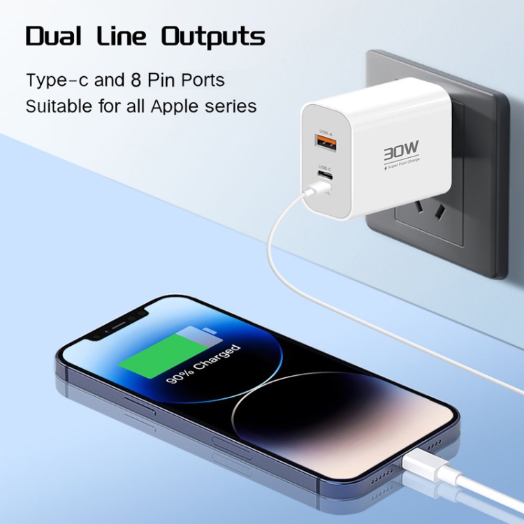 PD30W USB-C / Type-C + 8 Pin + เครื่องชาร์จ USB พร้อมสายเคเบิล Type-C ...