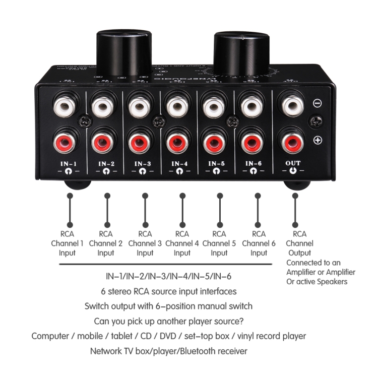 B016 6 Input 1 Output Audio Signal Source Selection Switcher, Output ...
