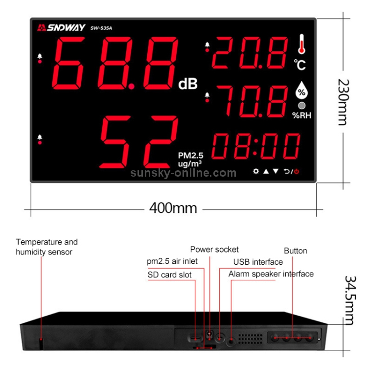 SNDWAY Wall-mounted 30~130dB Large Screen Digital Display Noise Decibel ...