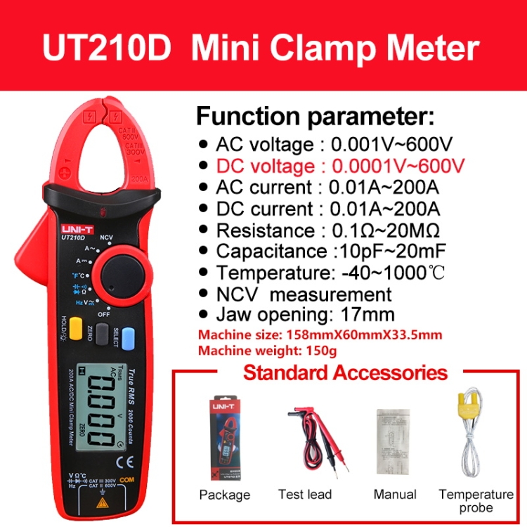 UNI-T UT210D 200A Digital Clamp Meter AC DC Voltage Detector