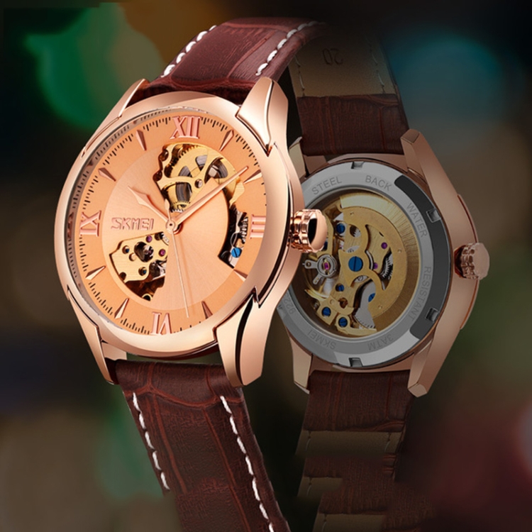 SKMEI 9223 Men Automatic Hollow Through Bottom Watch Student Leather ...