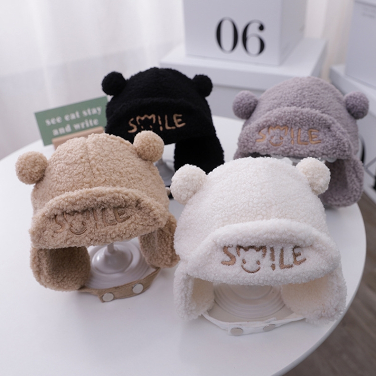 C0235 곰 모양 편지 패턴 아기 귀 보호 모자 양고기 캐시미어 겨울 따뜻한 유아 방풍 모자 크기 약 48cm 밀키 화이트