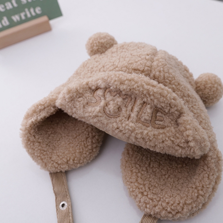 C0235 곰 모양 편지 패턴 아기 귀 보호 모자 양고기 캐시미어 겨울 따뜻한 유아 방풍 모자 크기 약 48cm 밀키 화이트