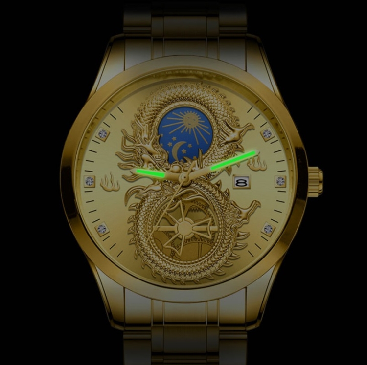 Fngeen S999 Men ดูปฏิทิน Dragon และ Phoenix Pattern Watch (พื้นผิวสีดำ ...