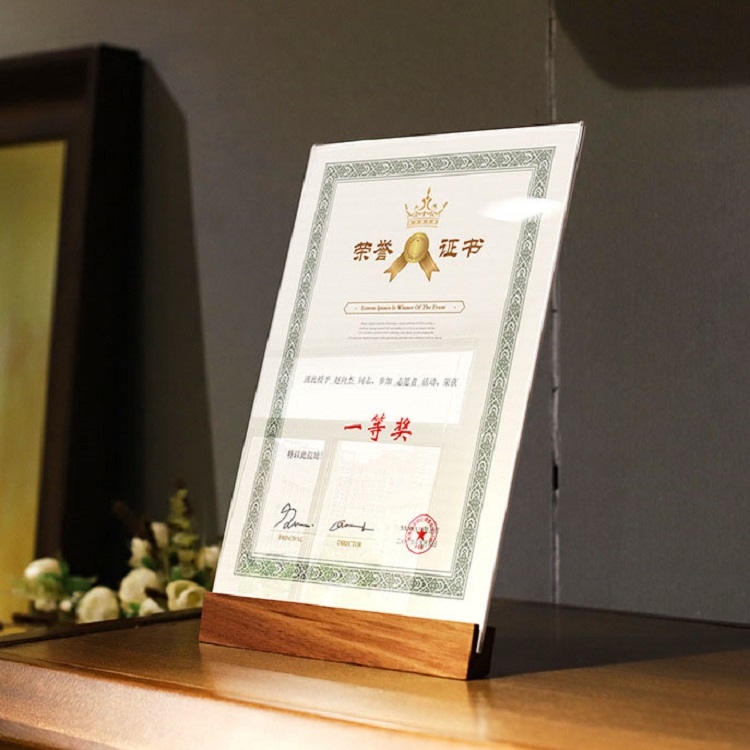 Transparent Acrylic Wooden Base Certificate Photo Frame Vertical Walnut