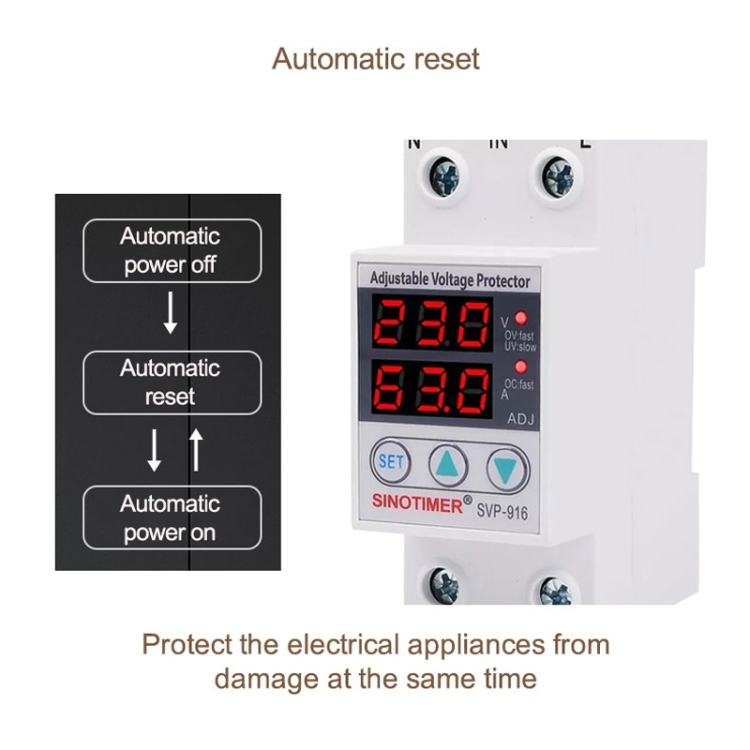 SINOTIMER SVP-916 Adjustable Self-resetting Over-voltage Under-voltage Protector, Current: 63A