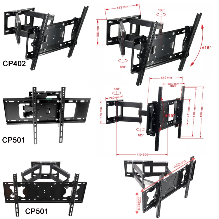망원경 회전 조절 조절 가능한 틸트 TV LCD 화면 벽 브래킷, 모델 : CP501 (32-60 인치)