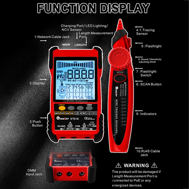 ET616 Rechargeable Adjustable Network Cable Tester Wire Tracker POE ...