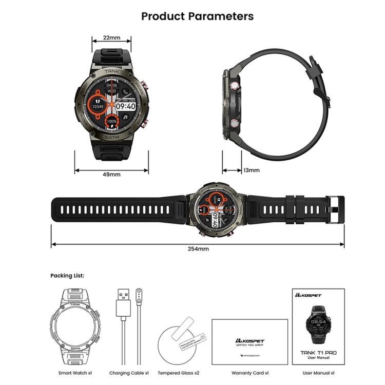 KOSPET TANK T1 Pro Heart Rate/Blood Pressure Monitoring Smart Bluetooth ...