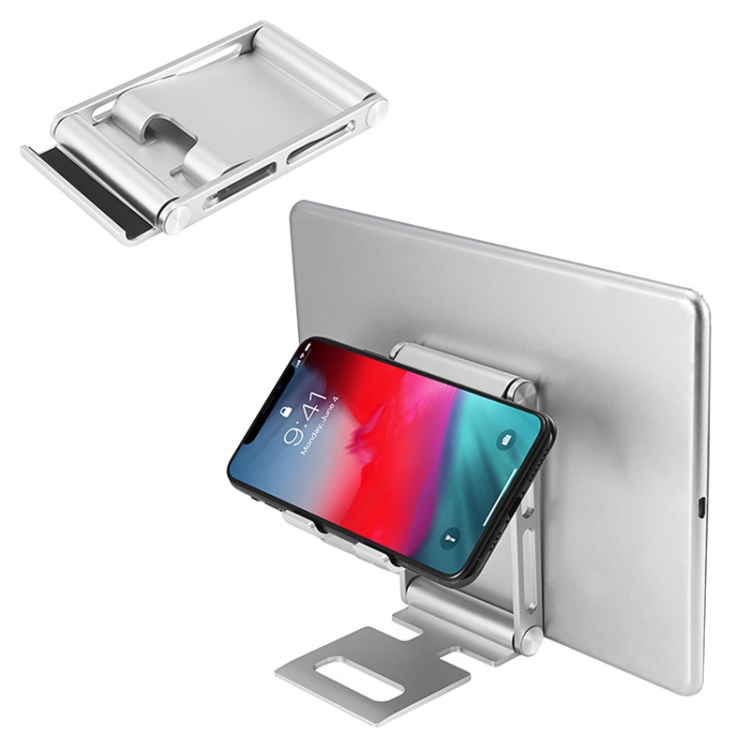 Double Folding Aluminum Tablet Phone Stand Desktop Holder(Silver)