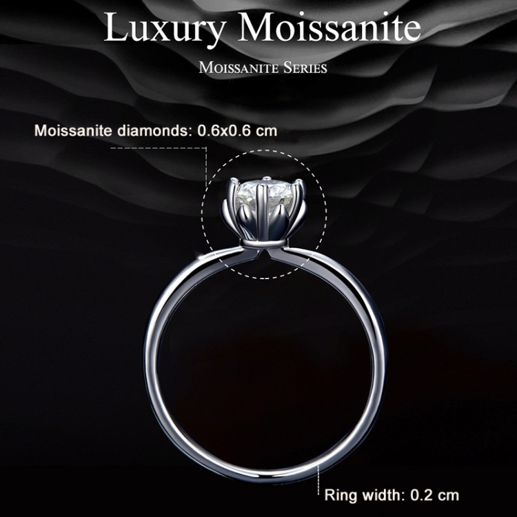 MSR006 แหวนเงินสเตอร์ลิง S925 Six Claw Moissanite ชุบทองคำขาว ไซส์: No.6