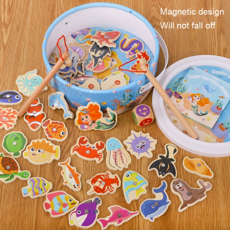 Wooden Magnetic Children Marine Fishing Puzzle Toys, Style: Barrel 38 Fish