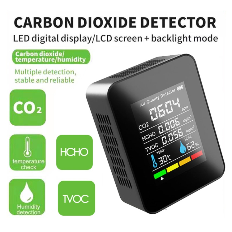 5 In 1 Temperature Humidity TVOC HCHO CO2 Large Screen Display Power Digital Air Quality Monitor ...