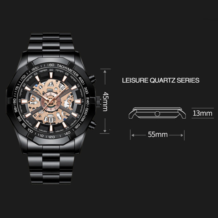 BINBOND S033 Hollowed Mechanical 30m Waterproof Luminous Quartz Watch, Color: Black Steel-Black ...