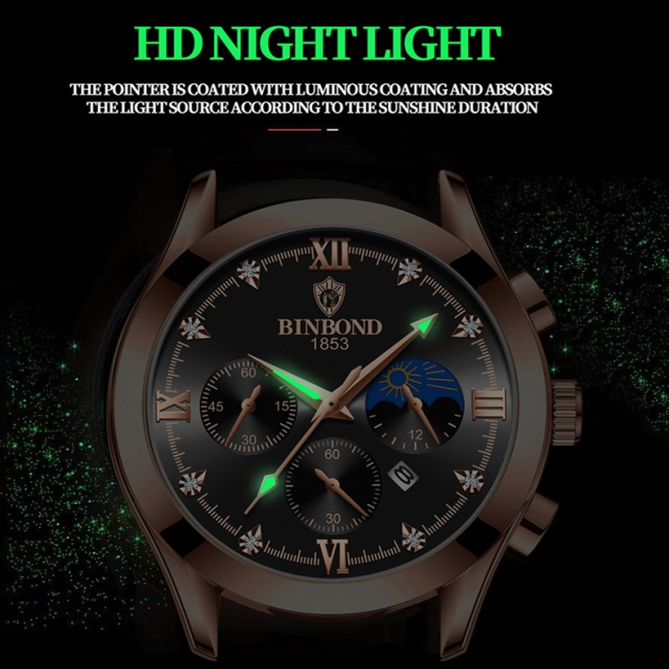 BINBOND B3591 30m Waterproof Luminous Calendar Men Watch, Color: Black Leather-Black-Black