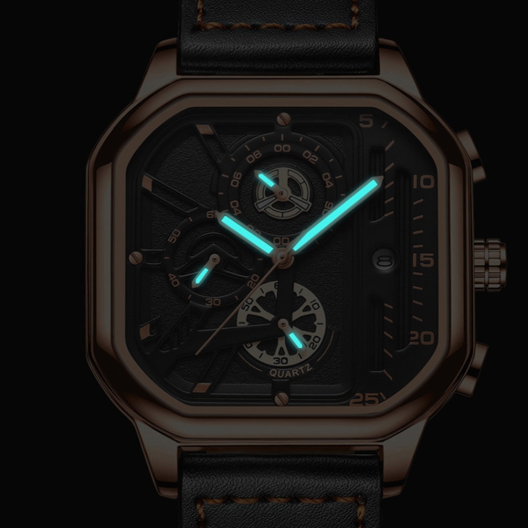 BINBOND B6577 30M Waterproof Luminous Square Quartz Watch, Color: Black Steel-Black-Rose Gold