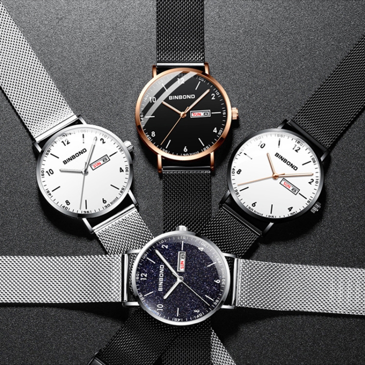 BINBOND B3820 30M 방수 초박형 석영 발광 별이 빛나는 시계, 색상: 블랙 네트-블랙-화이트 네일