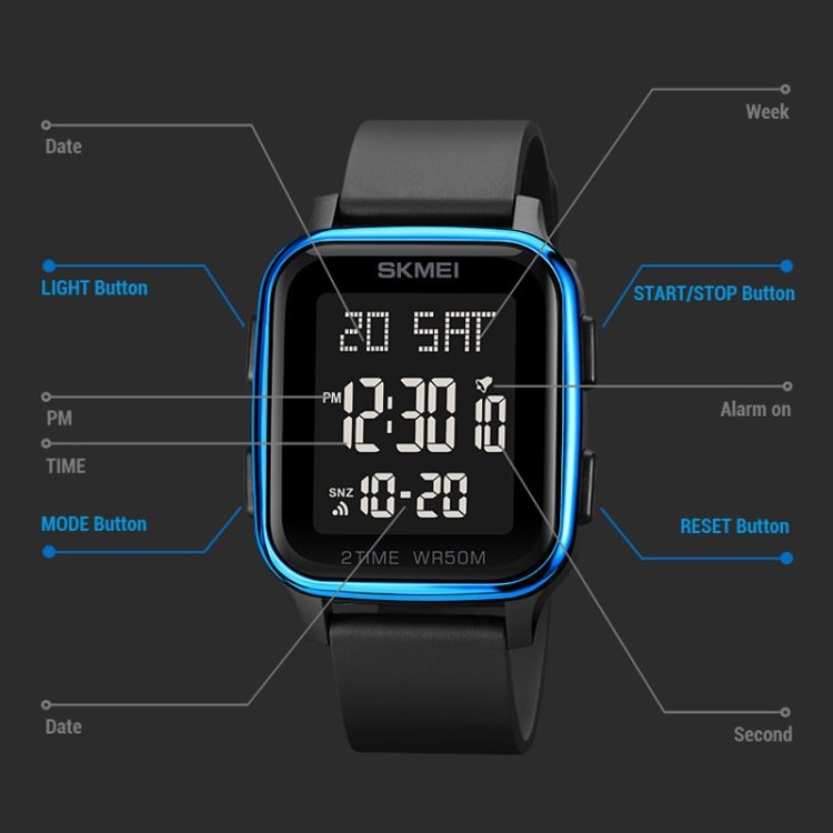 SKMEI 1858 Square Waterproof Digital Dual Display LED Luminous Watch ...