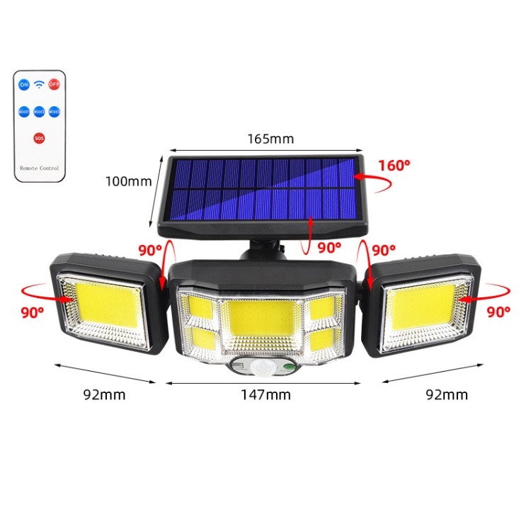 Remote Control Solar Wall Light LED Triple Rotation Sensor Flood Light ...