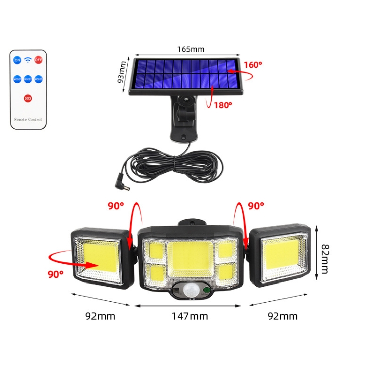 Remote Control Solar Wall Light LED Triple Rotation Sensor Flood Light ...