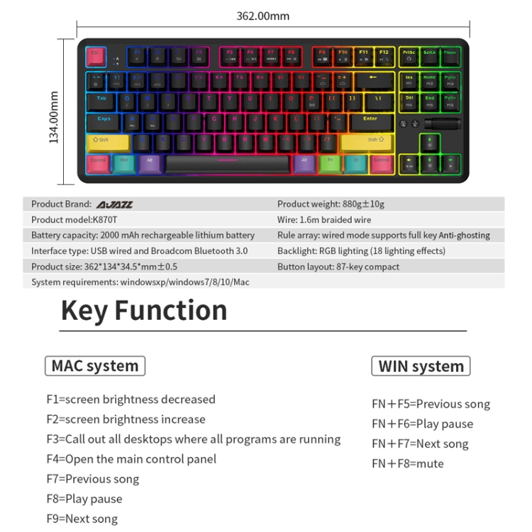 Ajazz K870T 87-Key Hot Swap Bluetooth/Con cable Modo dual RGB ...
