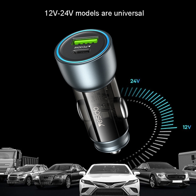 Yesido Y49 รถ USB3.0 เครื่องชาร์จเร็ว 30W โปร่งแสง PD ชาร์จเร็ว (สีดำ)