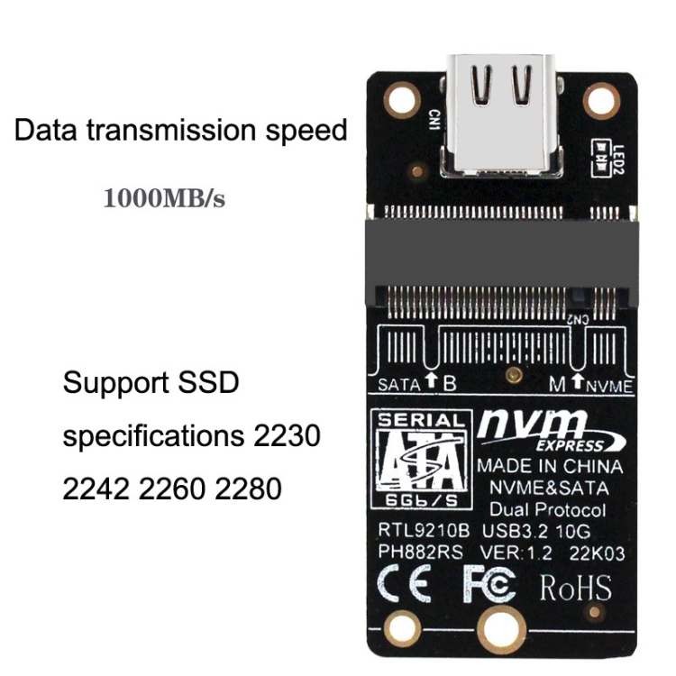 M.2 NVME Hard Disk Box Transfer Card RTL9210B Chip Type-C / USB-C USB3.1 Gen2 10Gbps(Black)