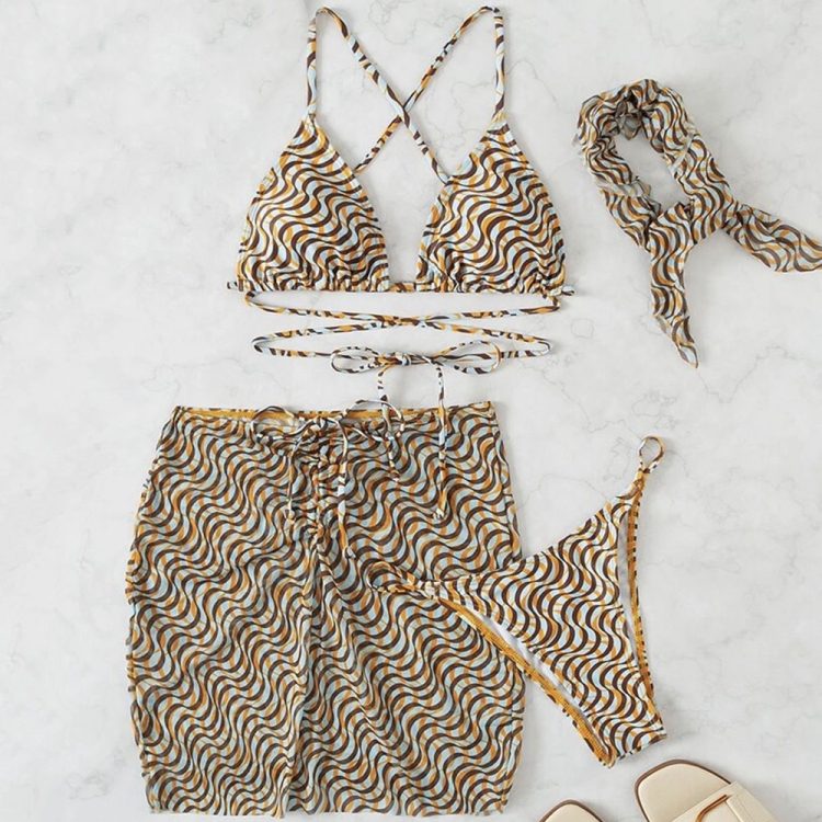 Ladies Mesh Three-Piece Swimsuit Water Ripple Print Sexy Lace-up Bikini ...