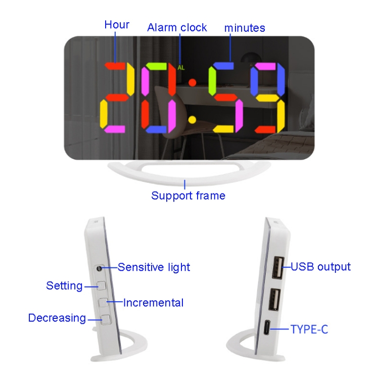 Ts 8201 Led 디지털 미러 알람 시계 큰 화면 듀얼 Usb 데스크탑 테이블 시계 색상 화이트 쉘 레드 라이트