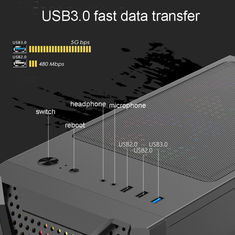 6개의 팬 위치 및 USB 3.0 인터페이스가 있는 아크릴 측면 투명 ATX 컴퓨터 케이스, 색상: 흰색