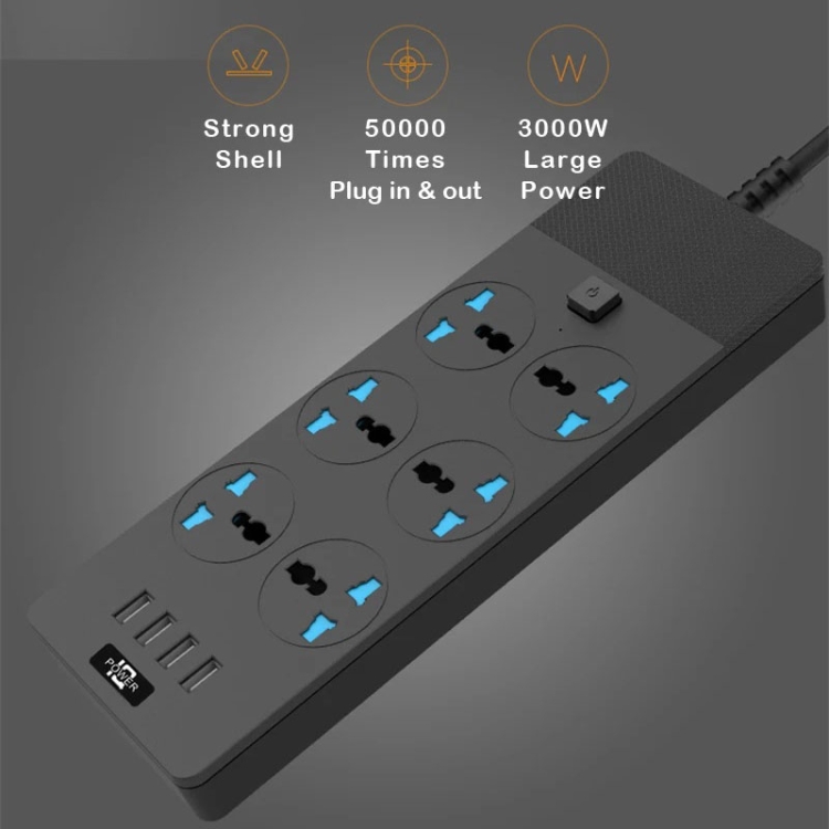 TB-T12 3000W 2m 4-USB Ports + 6-Jacks Multifunctional Flame-Retardant ...