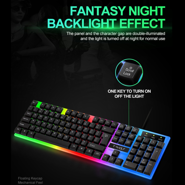 T-WOLF TF230 Colorful Light Effect Game Office Computer Wired Keyboard and Mouse Kit(Black)