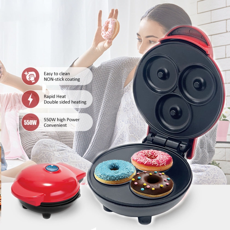 350W Mini Donut Maker Machine Can Make 3 Doughnuts 110V US Plug(Red)