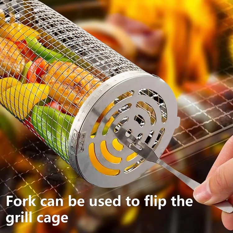Upgrade Flip-Top Lid BBQ Cage Stainless Steel Rolling Grilling Basket ...
