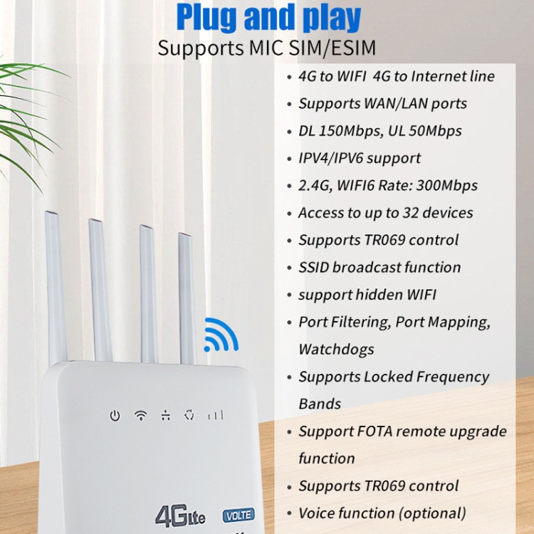 European Version 4G WiFi6 VOLTE CPE Wireless SIM Card Router With RJ45 ...