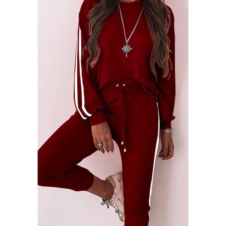 가을 느슨한 측면 스트라이프 긴 소매 운동복 바지 양복 여성용 색상 와인 빨간색 크기 Xl