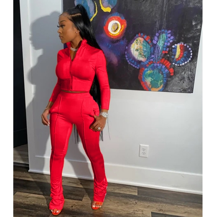 가을 단색 쇼트 짧은 긴팔 지퍼 슬림 맞는 운동복 바지 양복 숙 녀 색상 빨간색 크기 Xl
