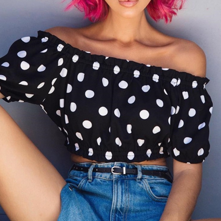 Sexy Lumbar Belly Shoulder Crop Top (Color:Black Size:S)