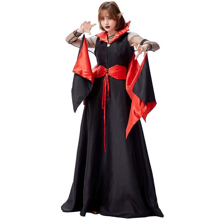 할로윈 의상 퀸 드레스 뱀파이어 박쥐 나이트 바 악마 쇼 의상 색상 빨강 및 검정 치마 마녀 모자 귀 크기 M