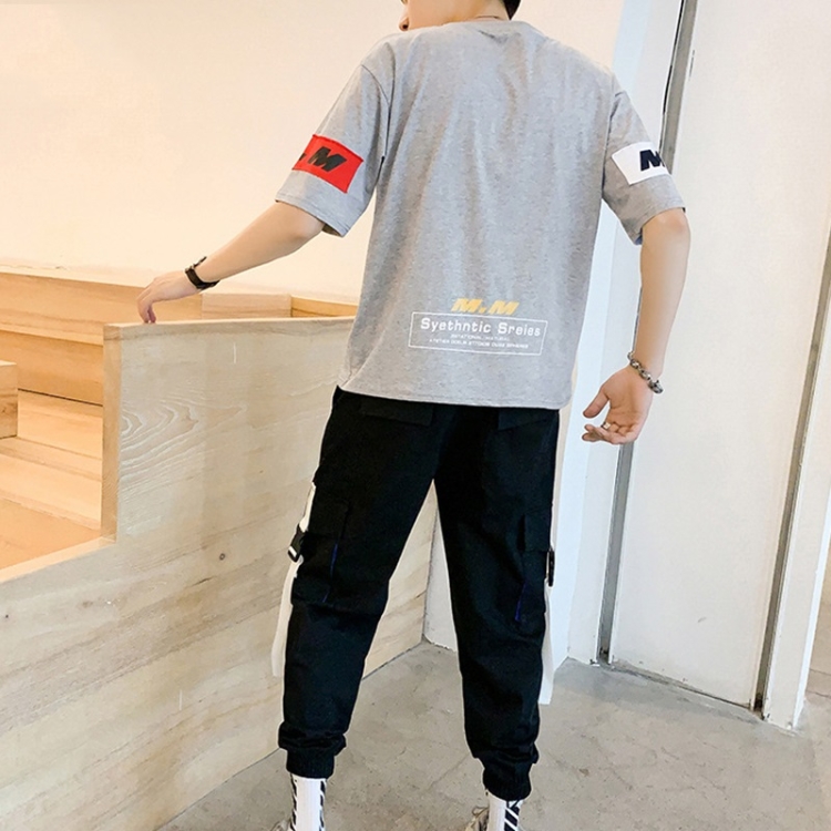 2 여름 코튼 편지 패턴 짧은 소매 티셔츠 Drawstring 남자를위한 발목 길이 바지 정장 색상 회색 크기 L