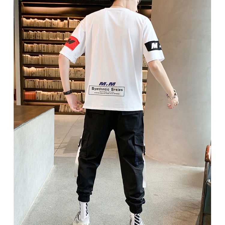 1 여름 면화 편지 패턴 짧은 소매 티셔츠 Drawstring 남자를위한 발목 길이 바지 정장 색상 흰색 크기 Xl