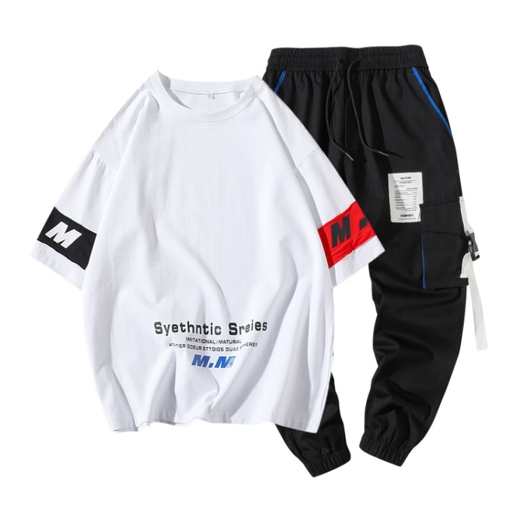 2 여름 면화 편지 패턴 짧은 소매 티셔츠 Drawstring 남자를위한 발목 길이 바지 정장 색상 노란색 크기 Xl