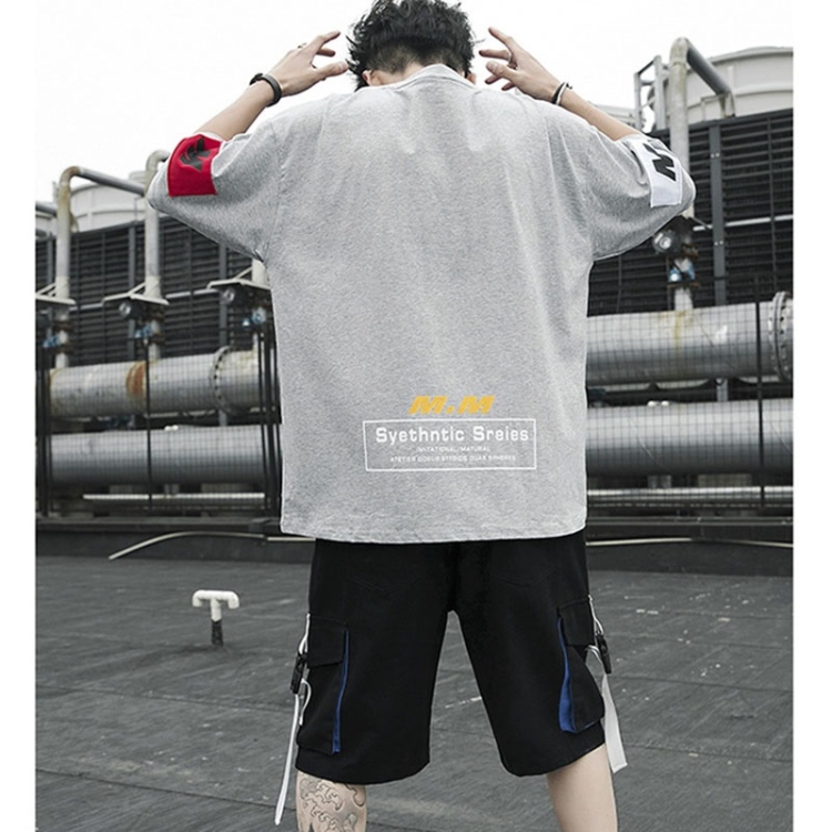 2 In 1 여름 캐주얼 면화 편지 패턴 짧은 소매 티셔츠 남자를위한 반바지 색상 회색 크기 L
