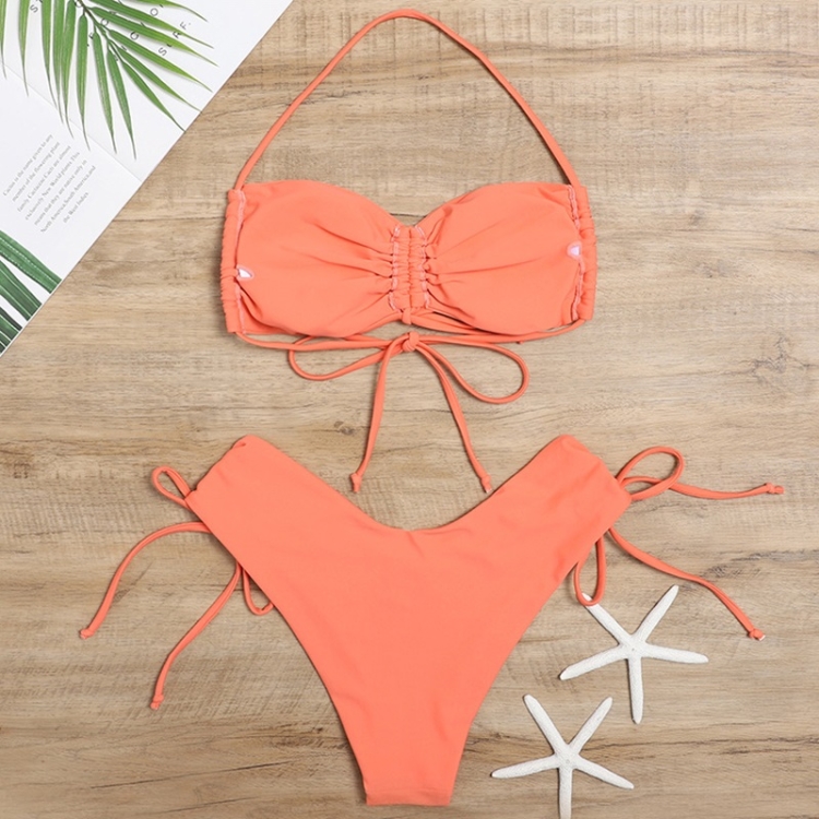 2 In 1 숙녀 Halter Backless Drawstring 비키니 솔리드 컬러 스플릿 수영복 가슴 패드 색상 주황색