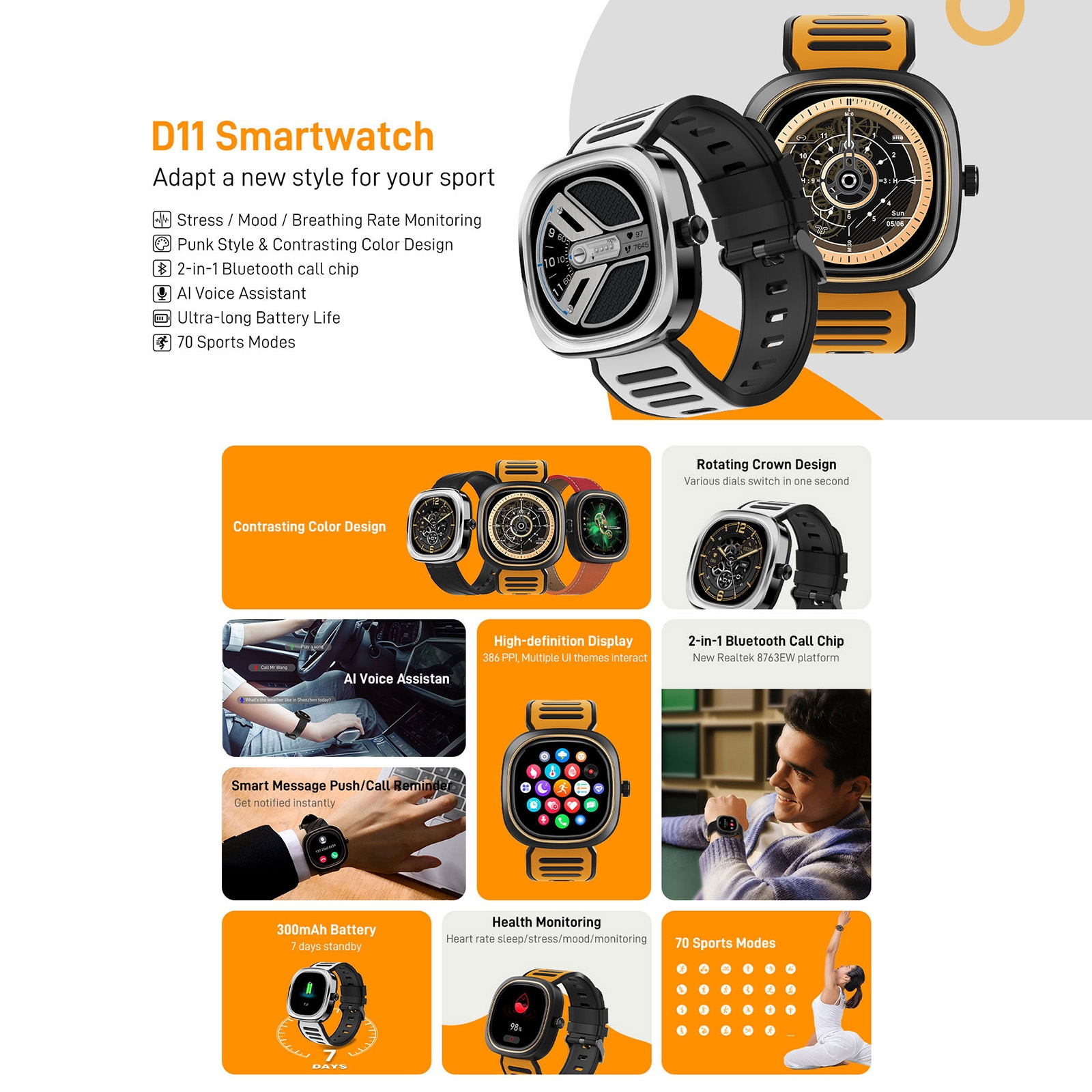 SUNSKY - DOOGEE D11 1.32 inch TFT Screen Smart Watch, IP68 Waterproof ...