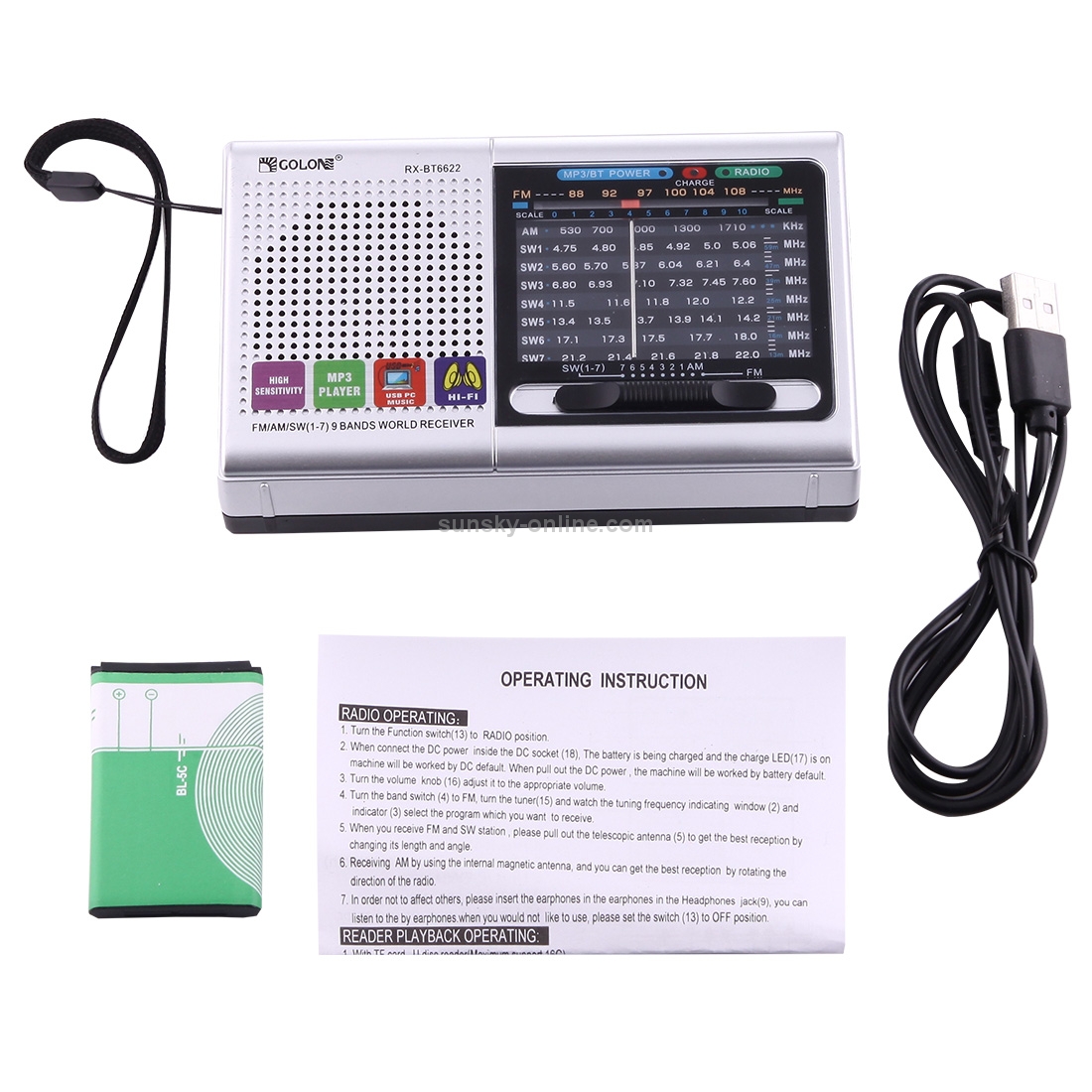 SUNSKY - COLON RX-BT6622 Portable FM AM SW (1-7) 9 Bands Channels Radio ...